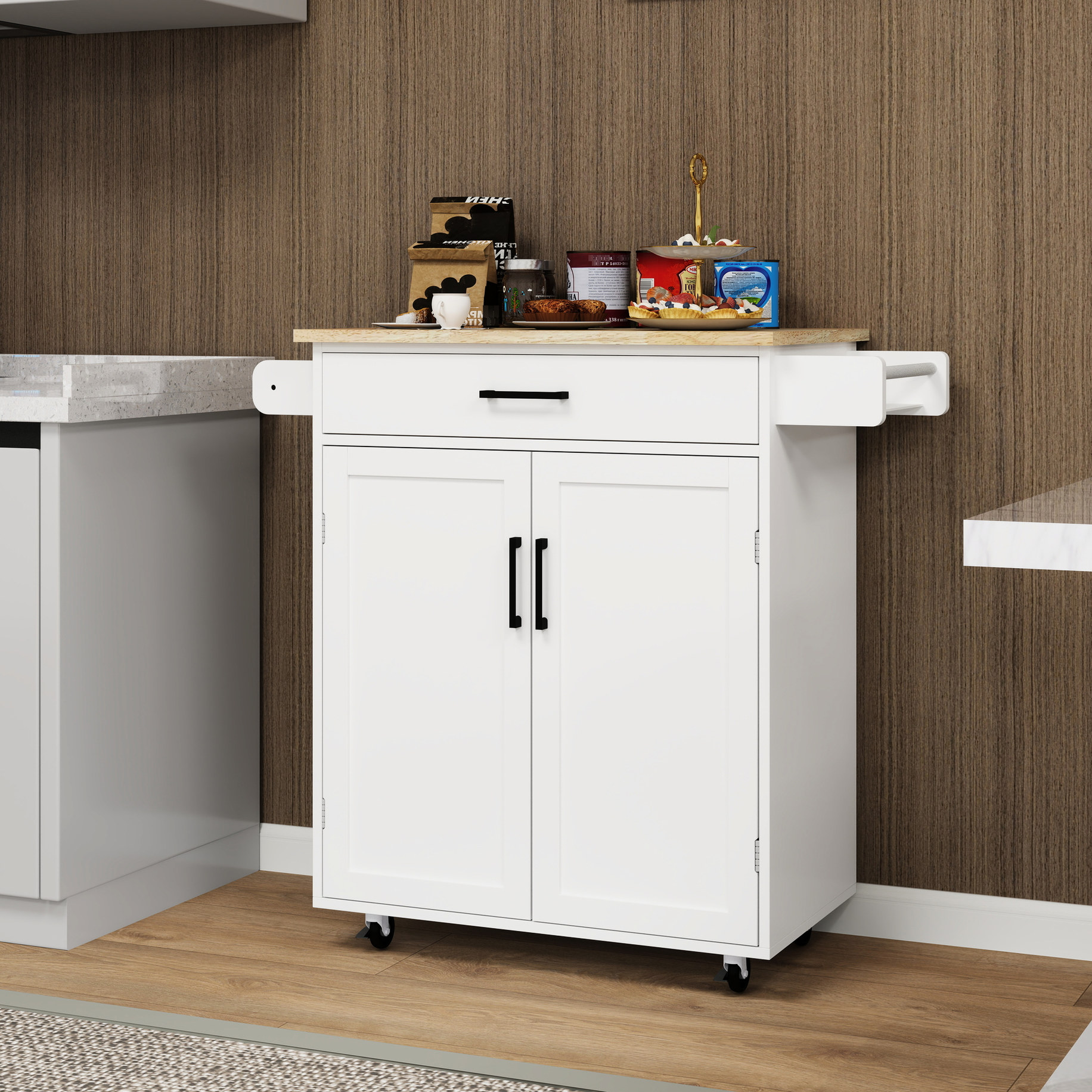 Rubber wood table top - Drawers on metal rails & lockable wheels ...