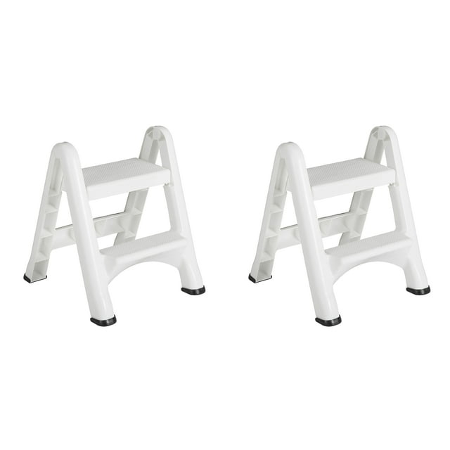Rubbermaid EZ Two Step Durable Folding Plastic Ladder Step Stool, White ...
