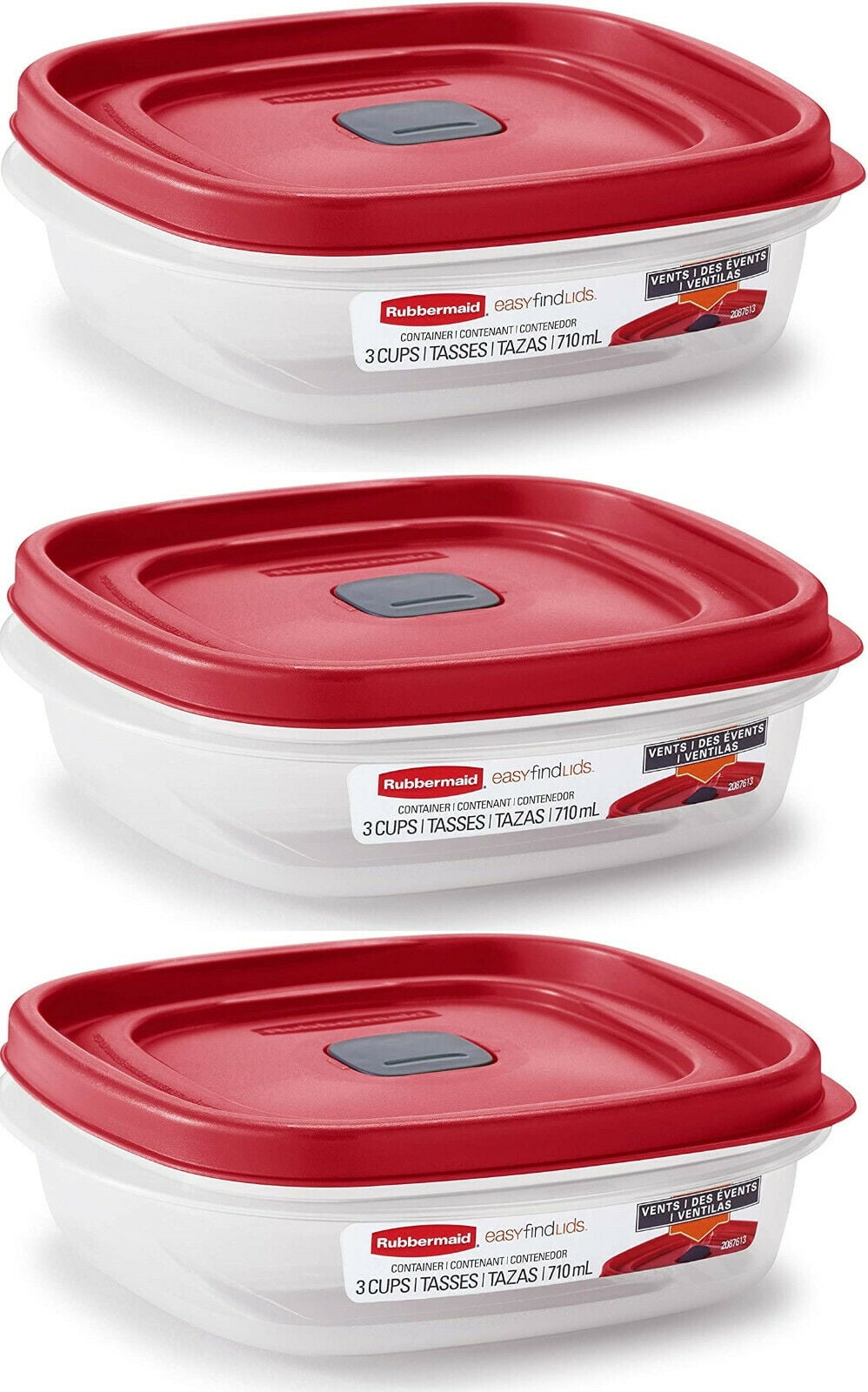 Rubbermaid 3-Cup Food Storage Containers with Red Vented Lids, Pack of ...