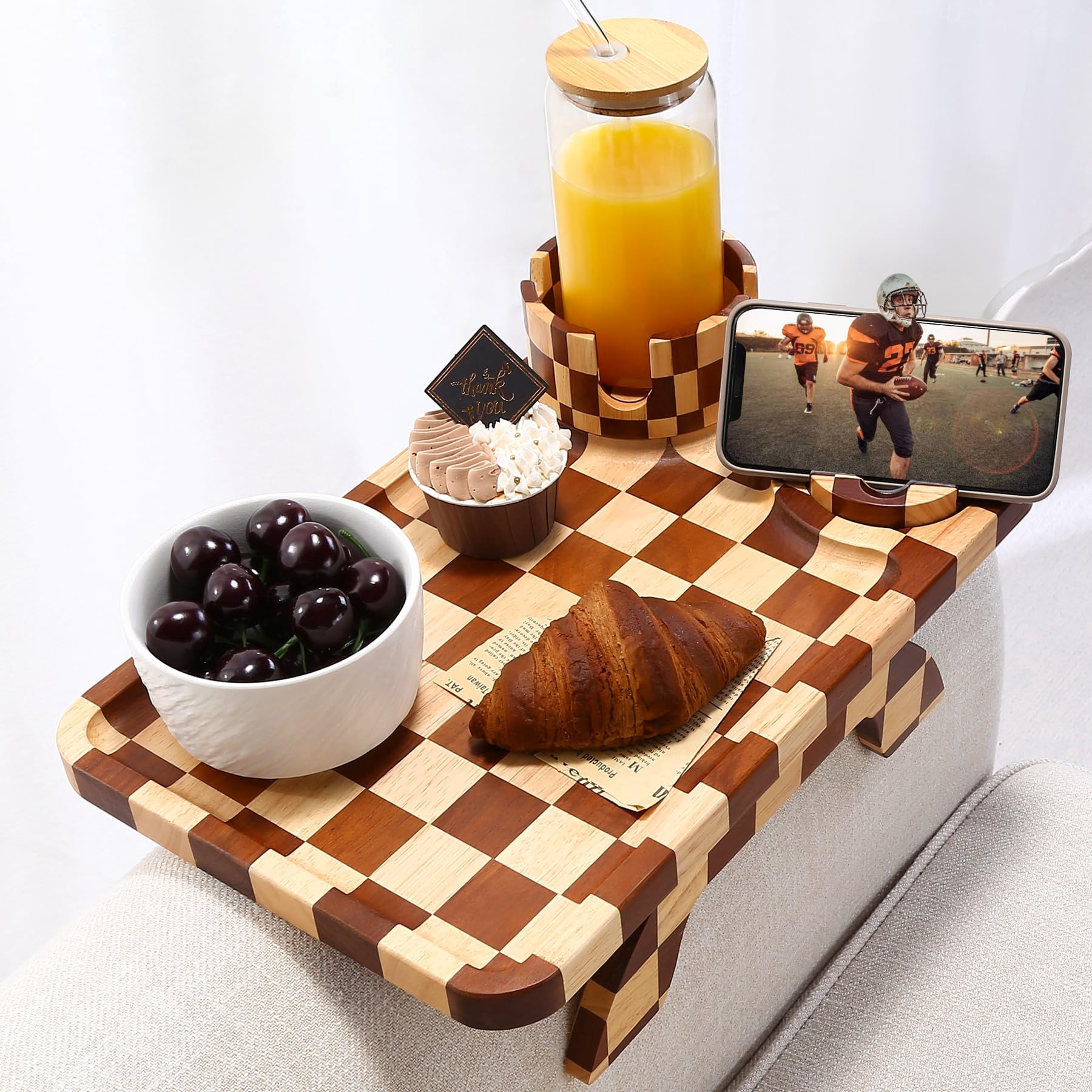Rubberwood Couch Armrest Tray 3-in-1 Clip-On Side Table with Cup Holder ...