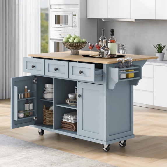 Rubberwood Drop-Leaf Kitchen Cart on Wheels – Mobile Island with ...