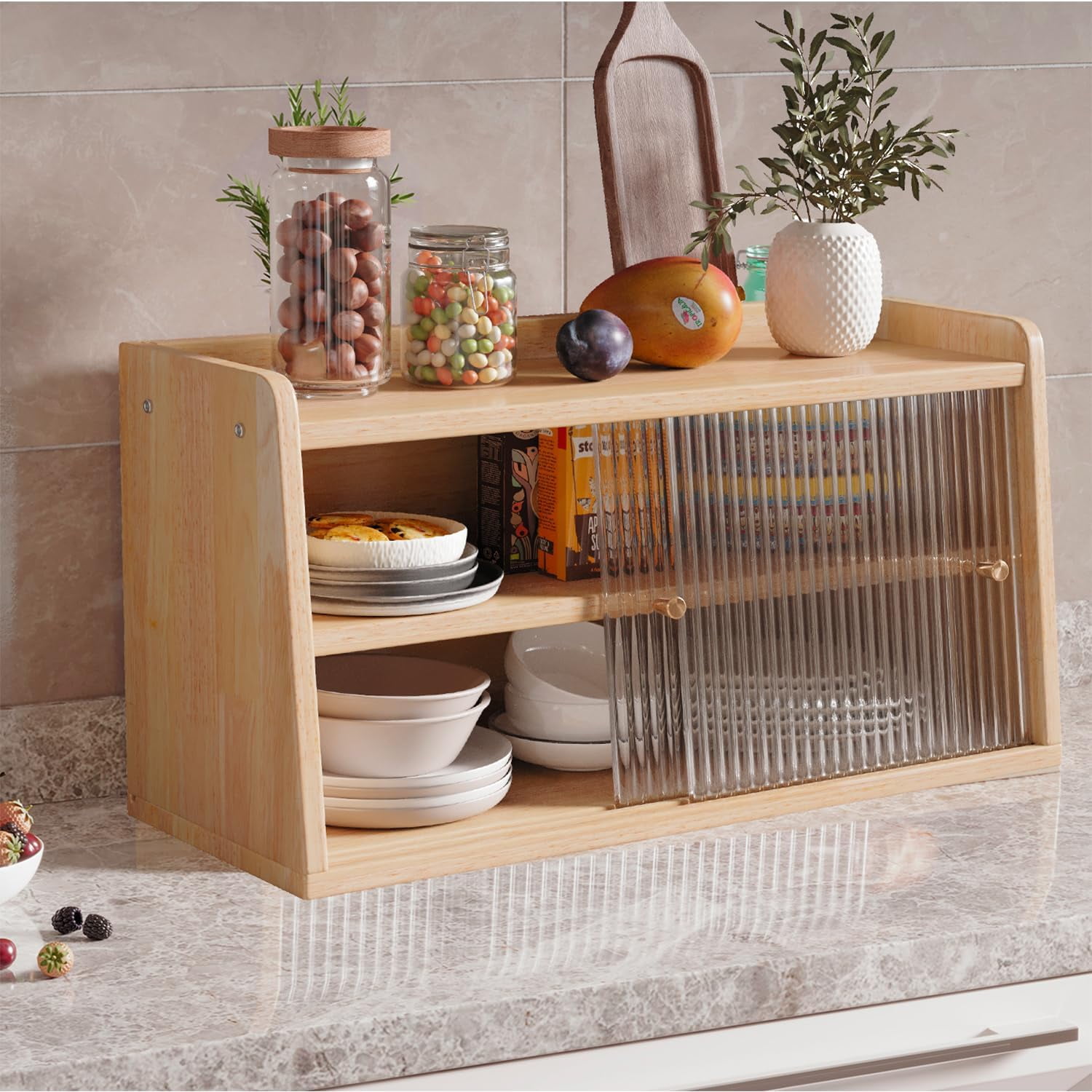 Rubberwood Kitchen Storage Cabinet with Sliding Doors - Freestanding ...