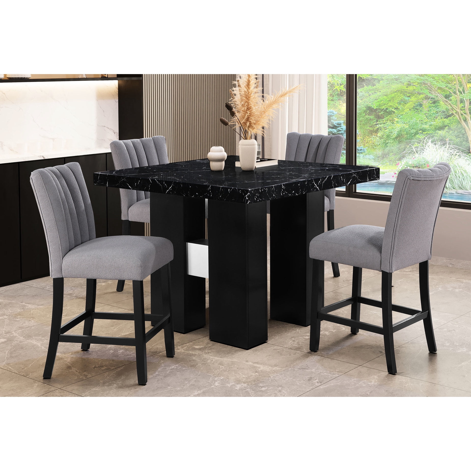 Rubberwood black bar table with double pedestal and 4 grey bar stools ...