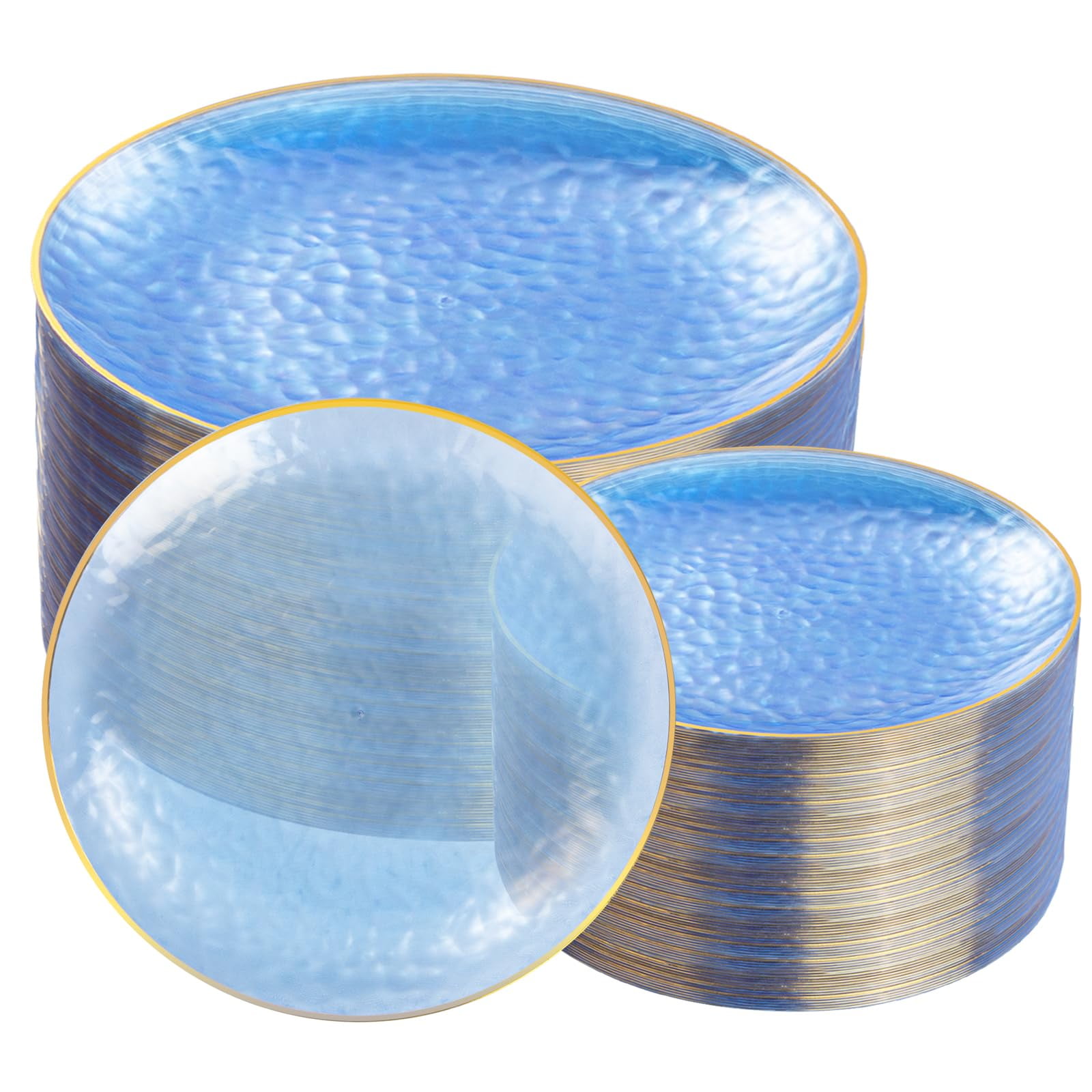 Rubtlamp 100Pcs Blue Gold AIF9 Plastic Plates, Blue Disposable Plates ...