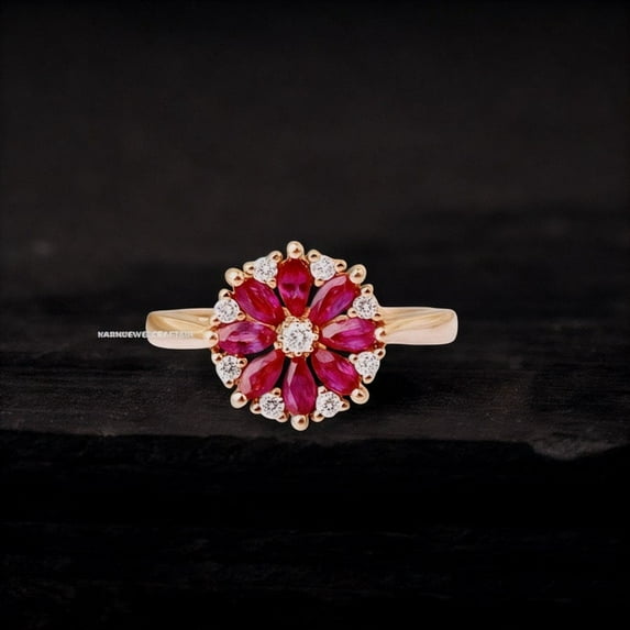 Ruby Cluster Ring Marquise Shape Ruby Flower July Birthstone Engagement ...