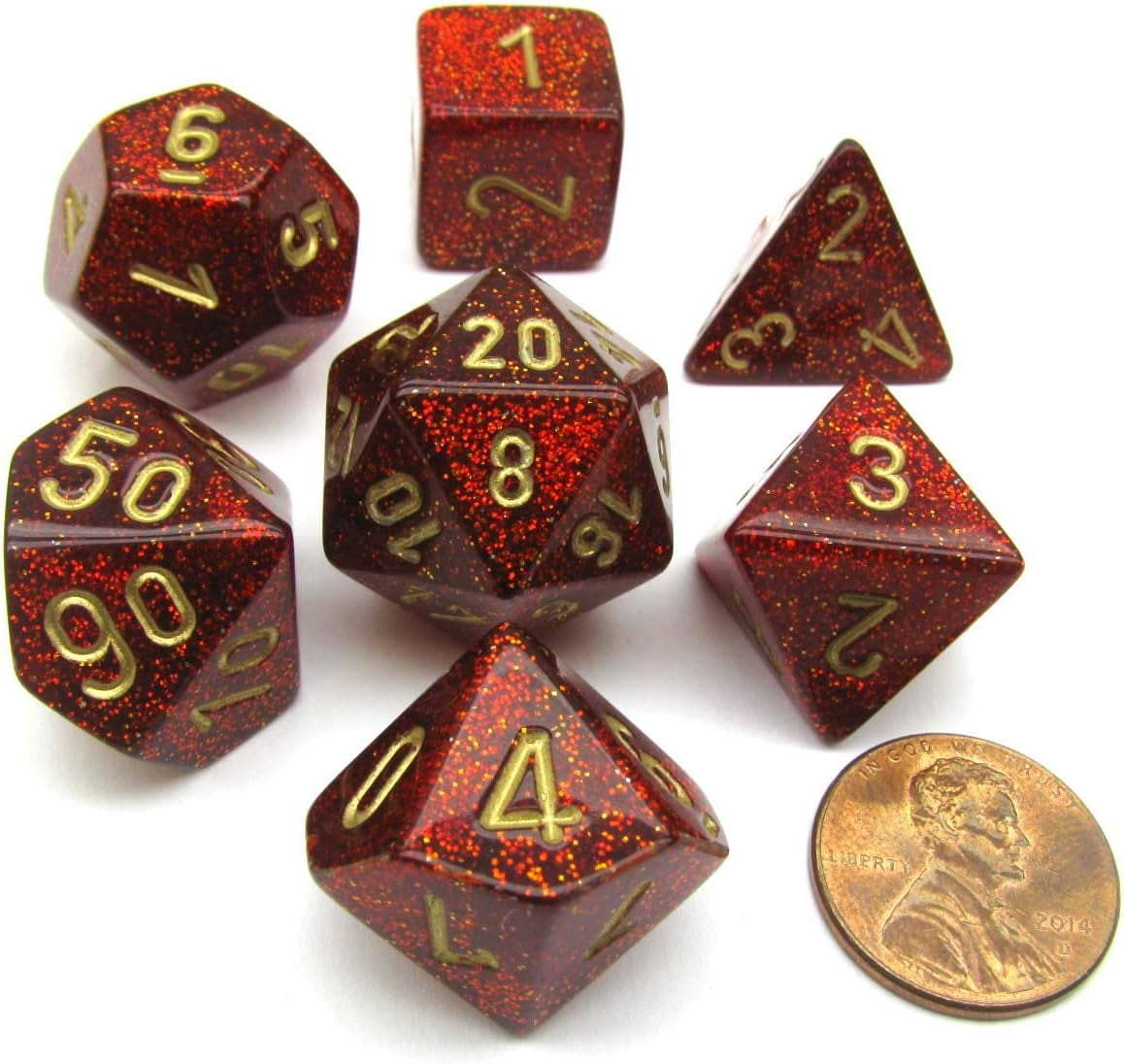 Ruby Glitter Dice with Gold Numbers 16mm (5/8in) Set of 7 Chessex ...