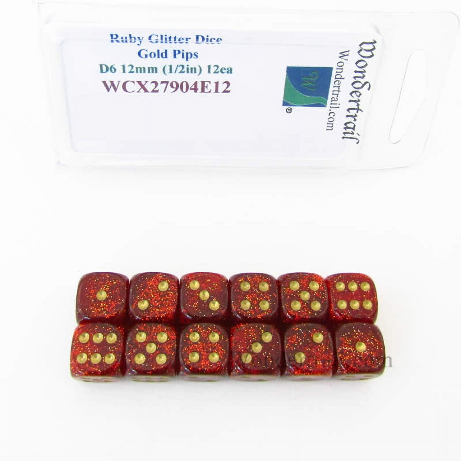 Ruby Glitter Dice with Gold Pips 12mm (1/2in) D6 Set of 12 Wondertrail ...