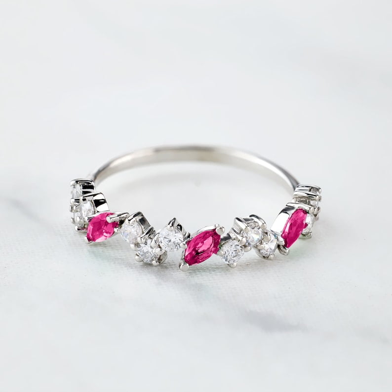 Ruby & Moissanite Diamond Half Eternity Band Ring Promise Anniversary ...