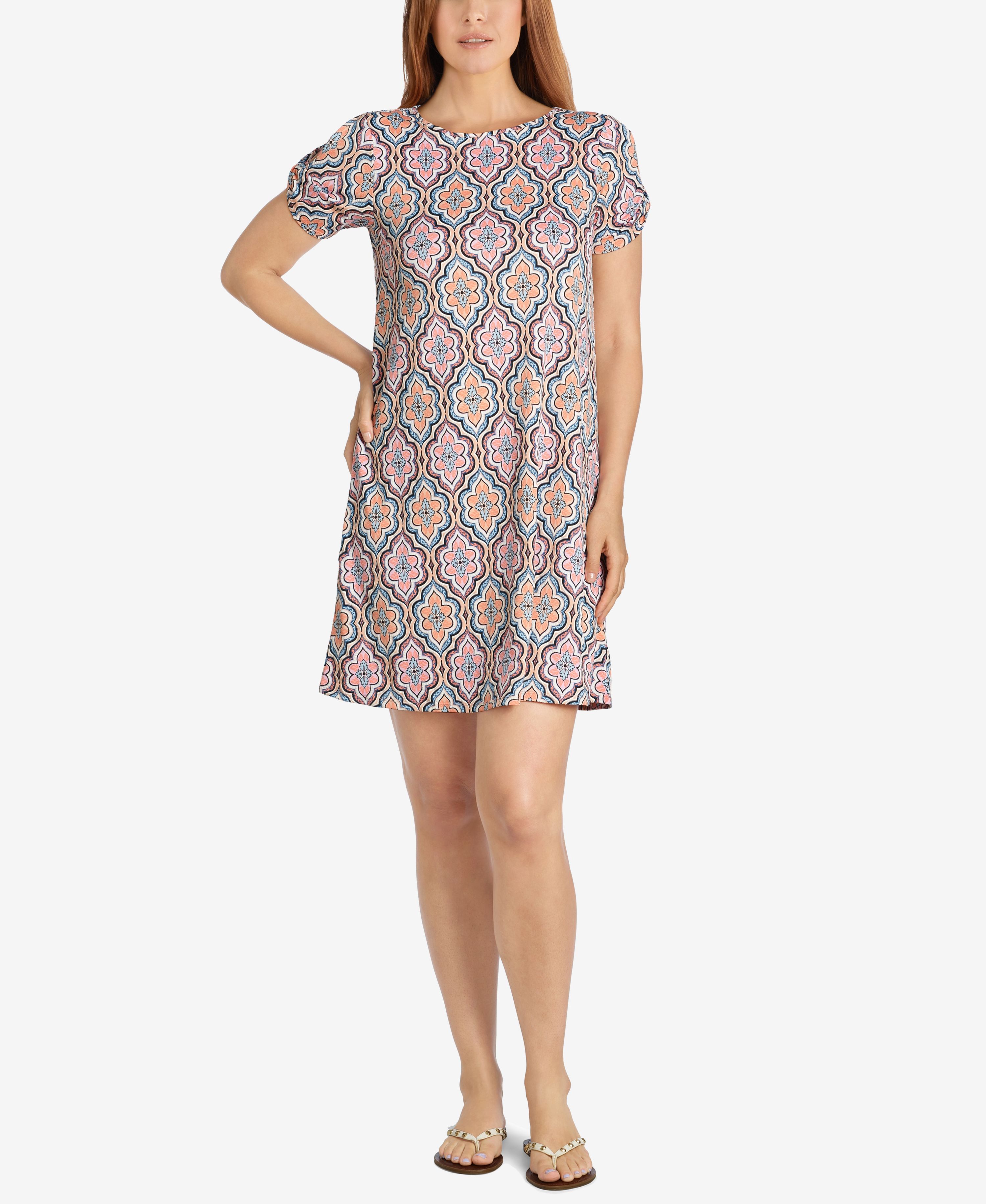 Ruby Rd. Petite Size Crew Neck Puff Print Dress Coral Multi PM ...