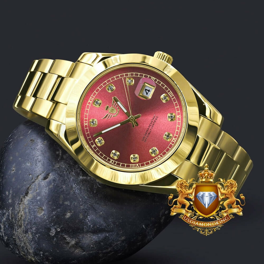 Ruby Red Dial Full Steel 18K Gold Tone Simulated Diamond 40mm Men's ...