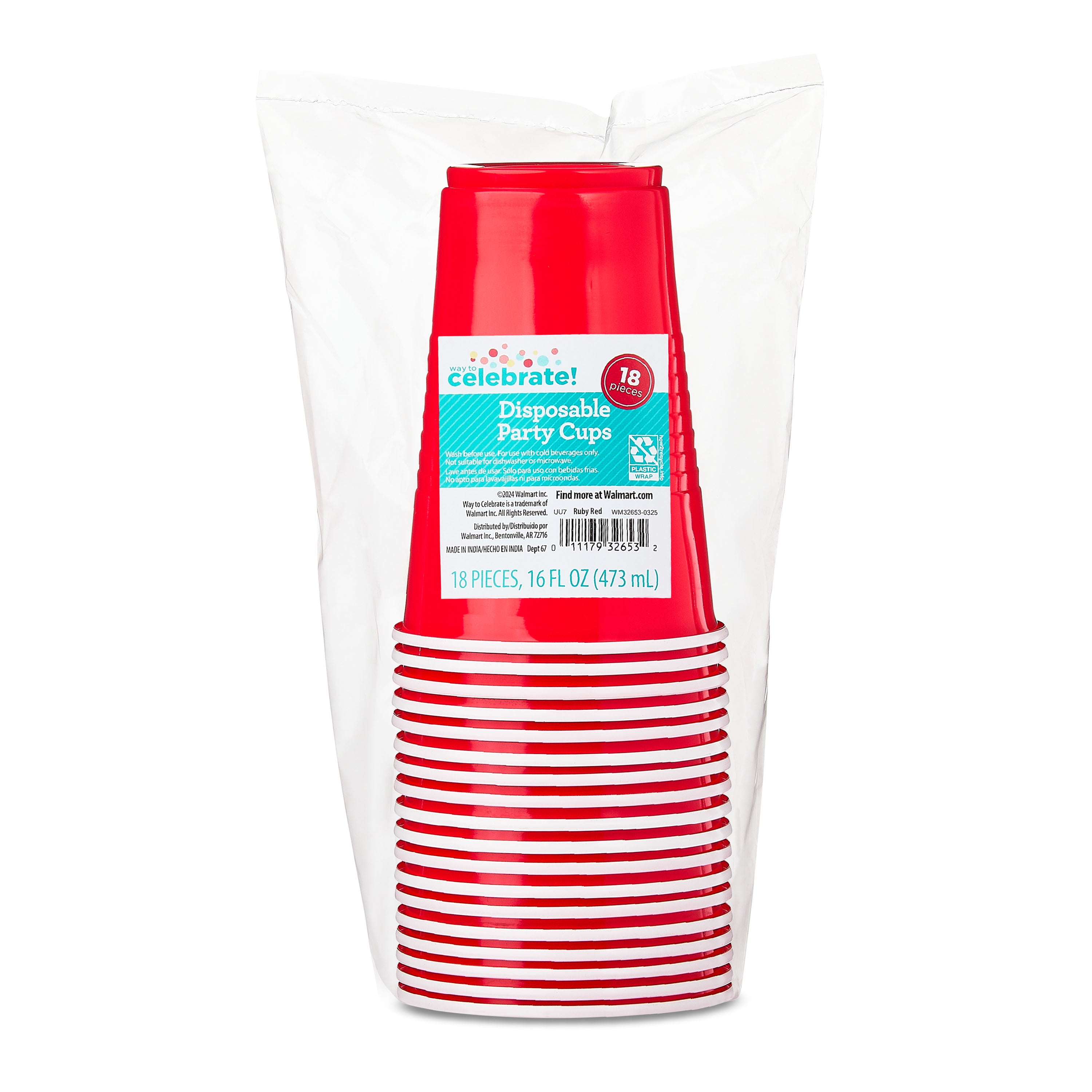 Way To Celebrate Ruby Red Plastic Disposable Party Cups, 16 oz, 18 ...