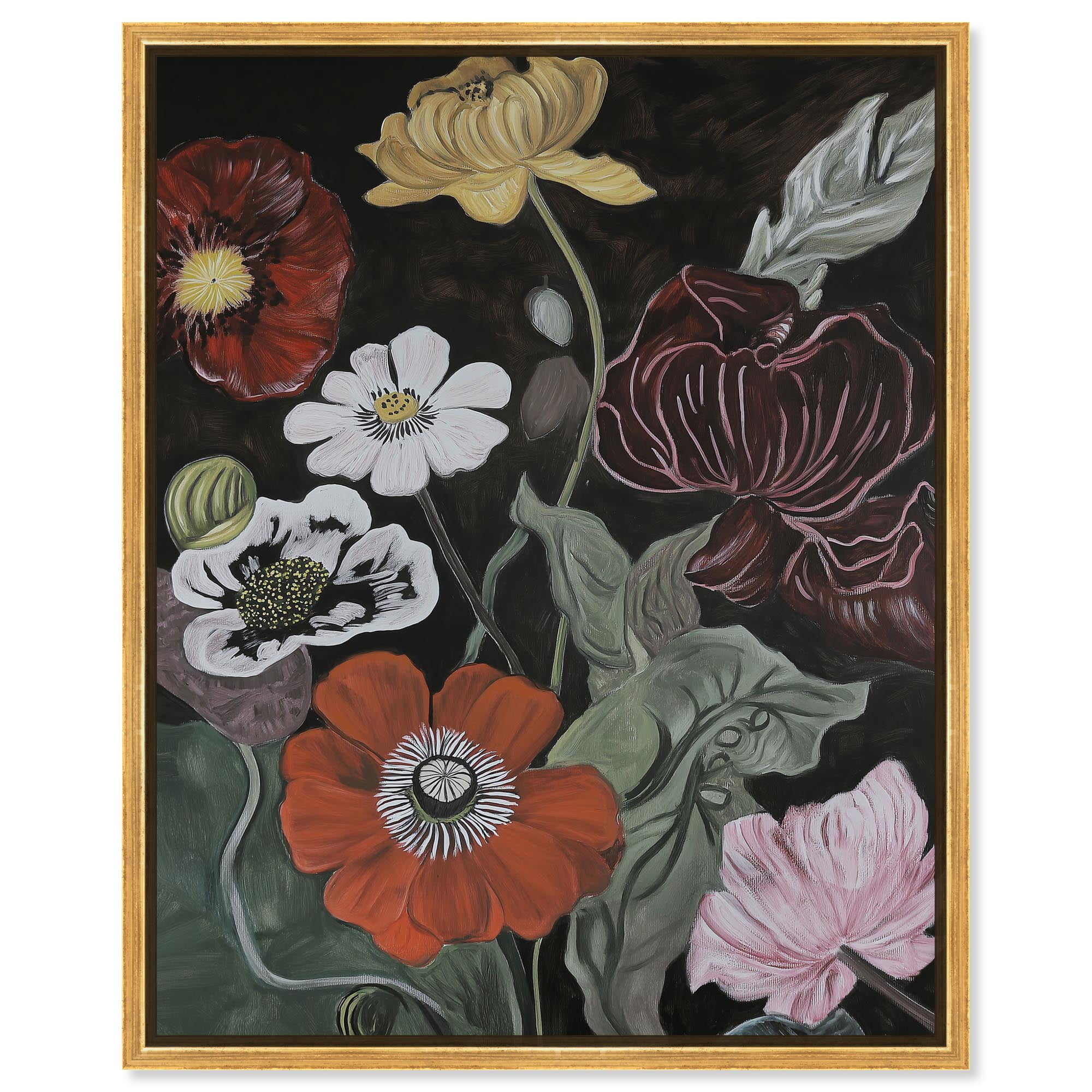 Ruby Revelry Canvas Dark Elegant Florals by Art Remedy, Gold Frame, 30 ...