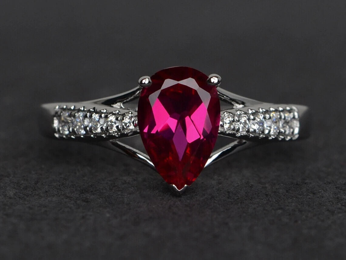Ruby Silver Red Ruby, Pear Cut July Birthstone Ring Gift For Her ...