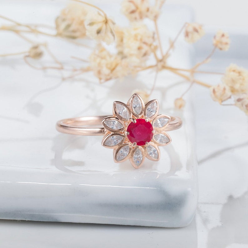 Ruby Sunflower Ring,Silver Gold Marquise Cut Moissanite Floral Ruby ...
