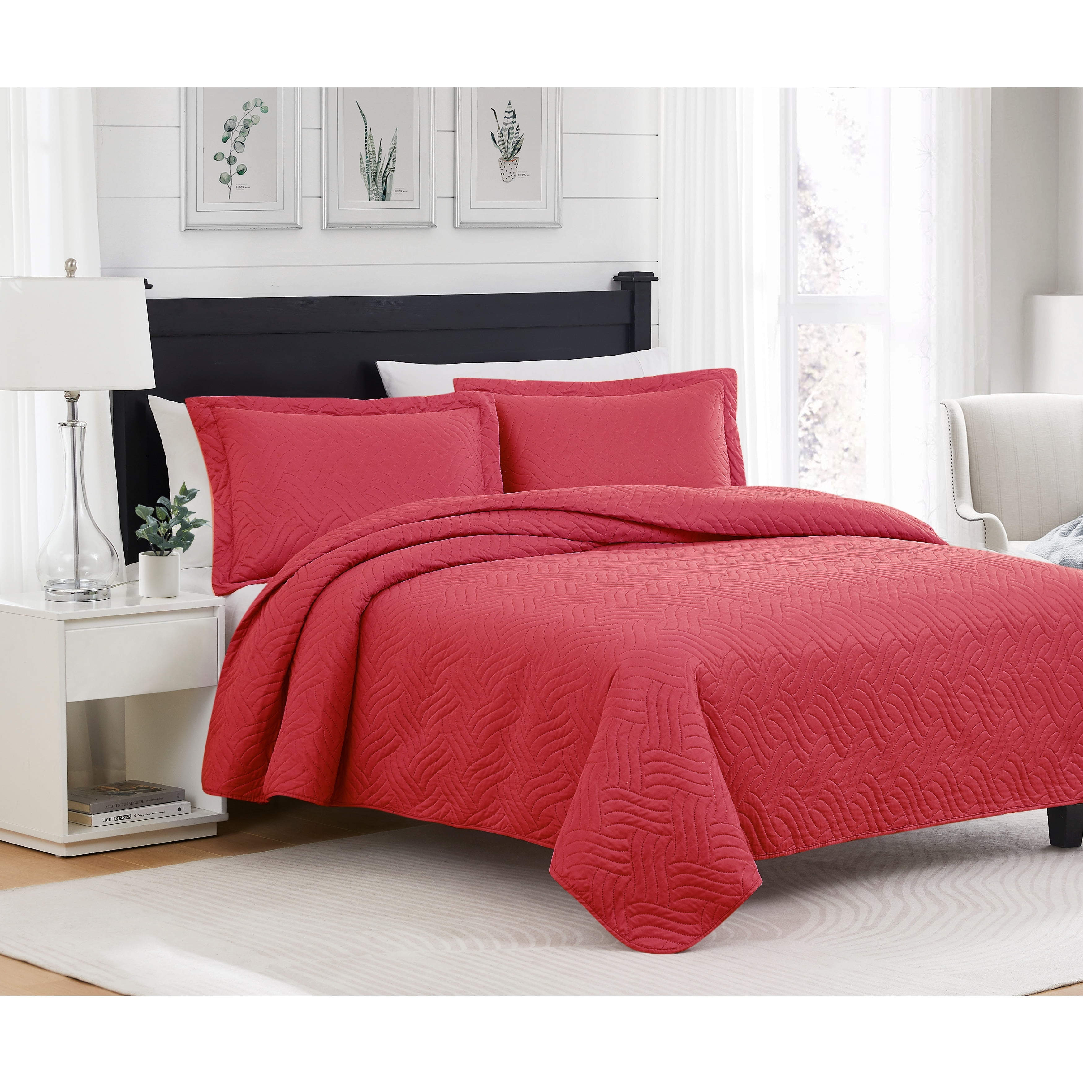 Ruby Waves Microfiber Quilt Set Red - King - Walmart.com