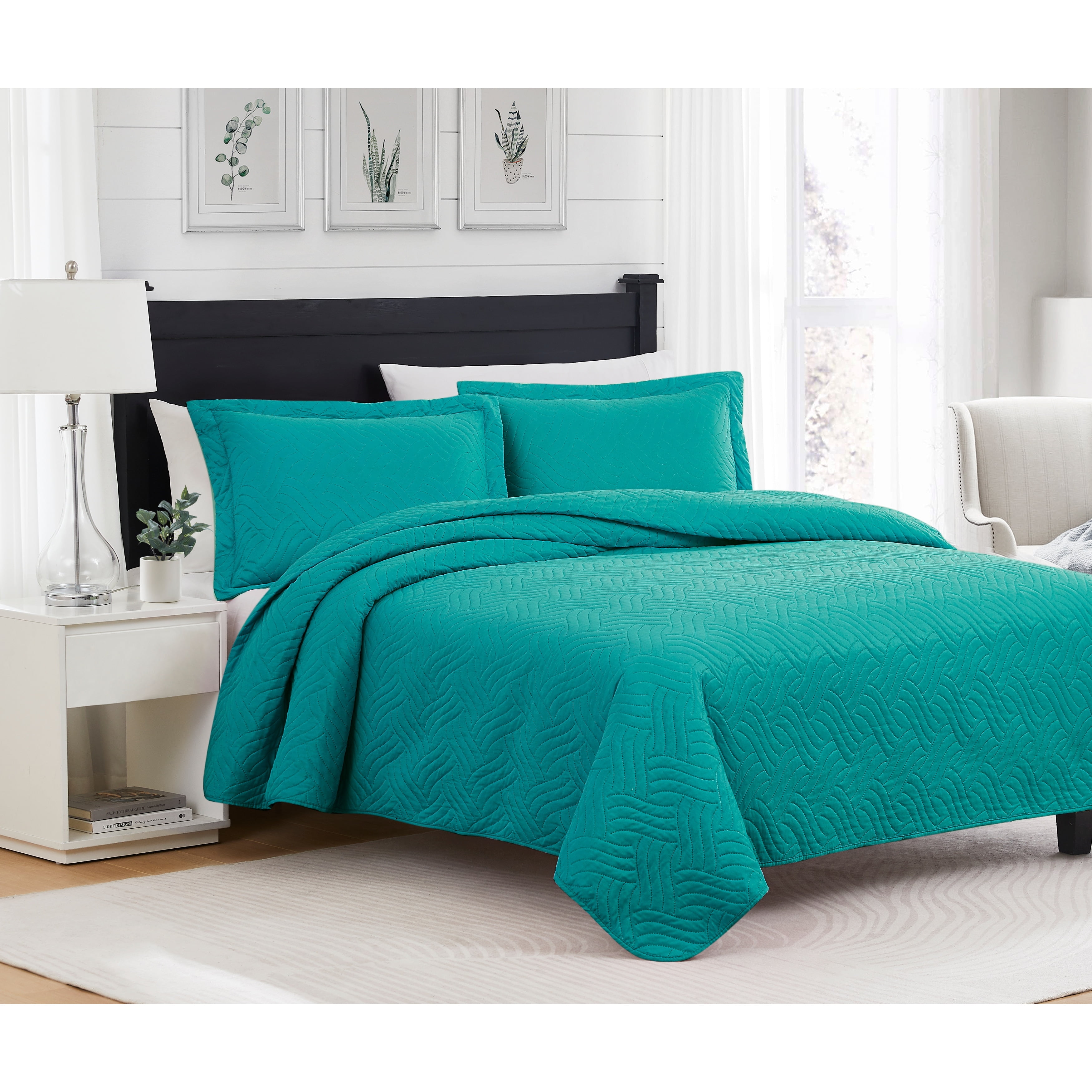 Ruby Waves Microfiber Quilt Set Turquoise - Queen - Walmart.com