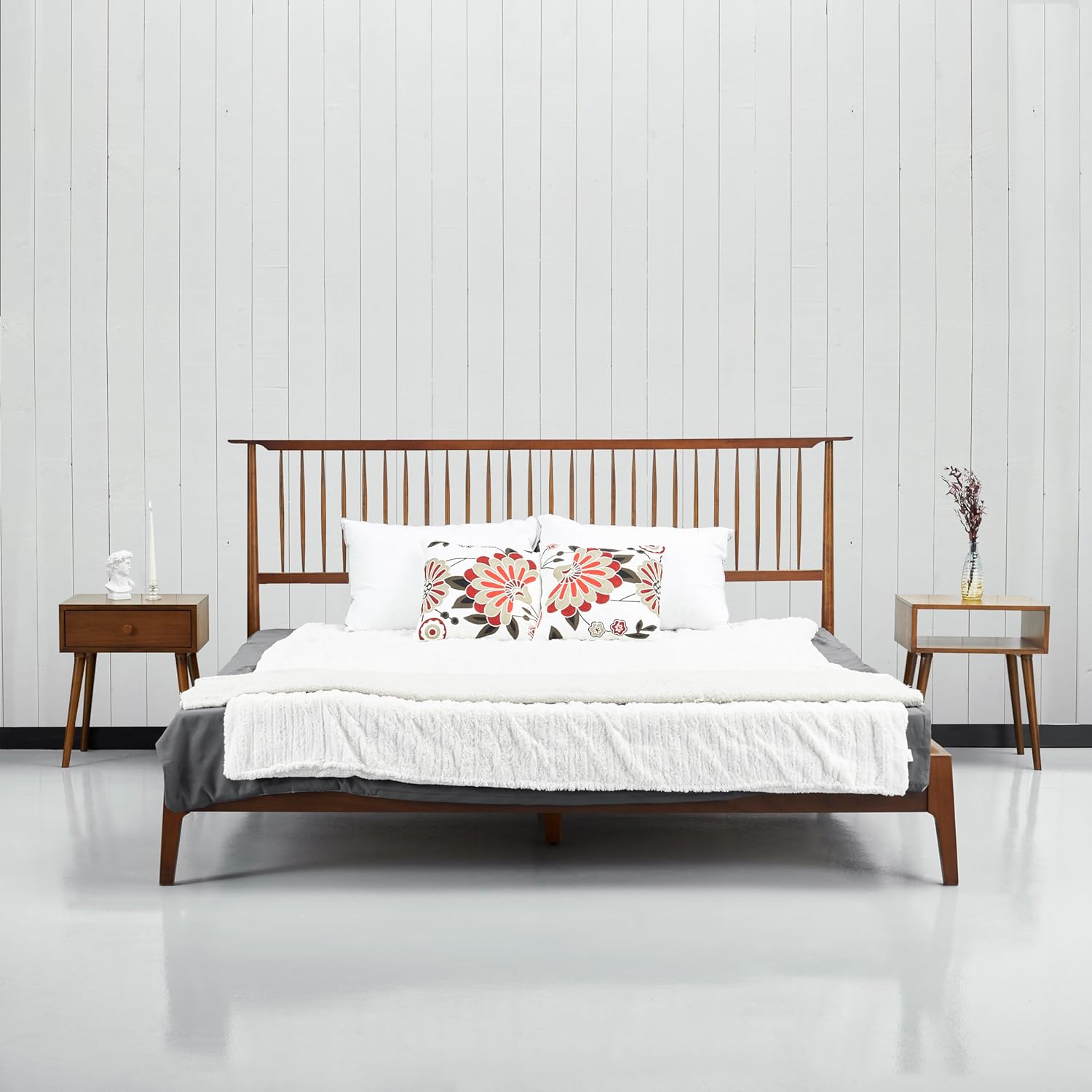 Ruby Wooden Bed Frame with Headboard and Natural Rattan, Solid Oak Foundation with Silent Slats ...