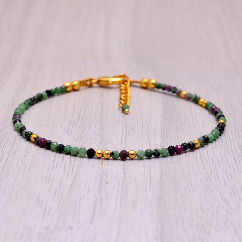 Ruby Zoisite 2-2.5mm Round Shape Faceted Cut Beads 7 inch Adjustable Gold Plated Clasp Bracelet ...