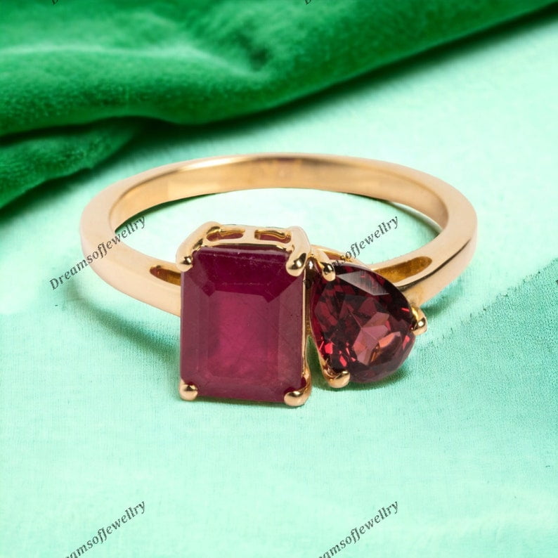 Ruby and Garnet Engagement Ring,Two Stone Pear garnet Silver Gold ...