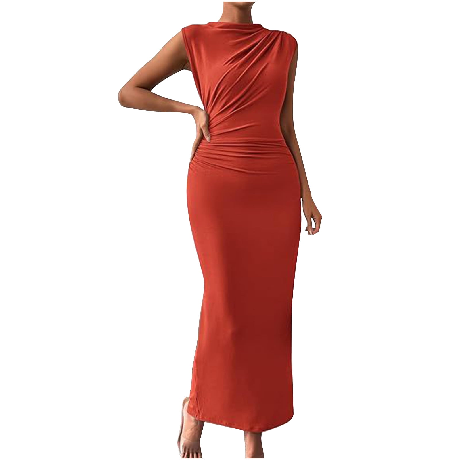 Ruched Mock Neck Bodycon Dress for Women Elegant Summer Sleeveless Midi ...