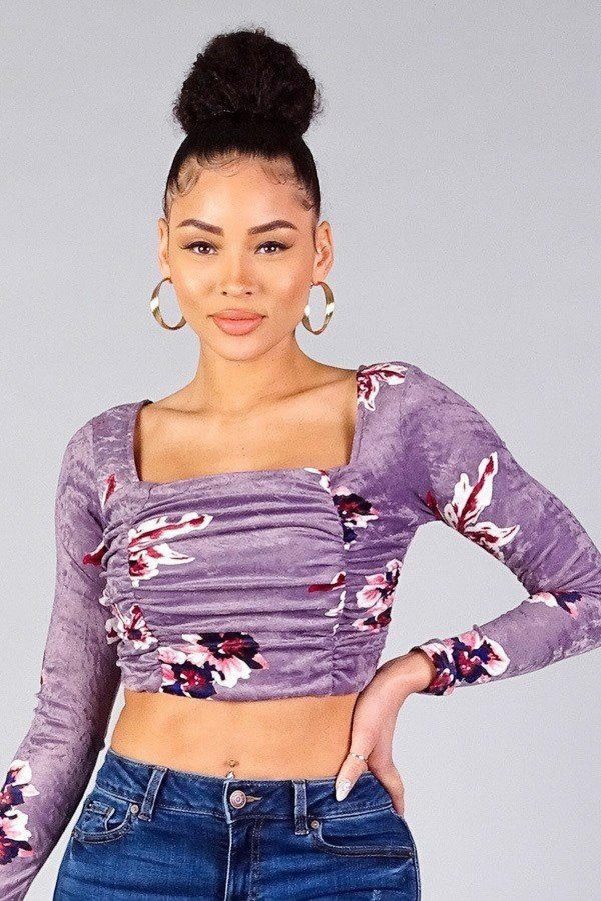 Ruched Velvet Floral Back Tie Crop Top - Walmart.com