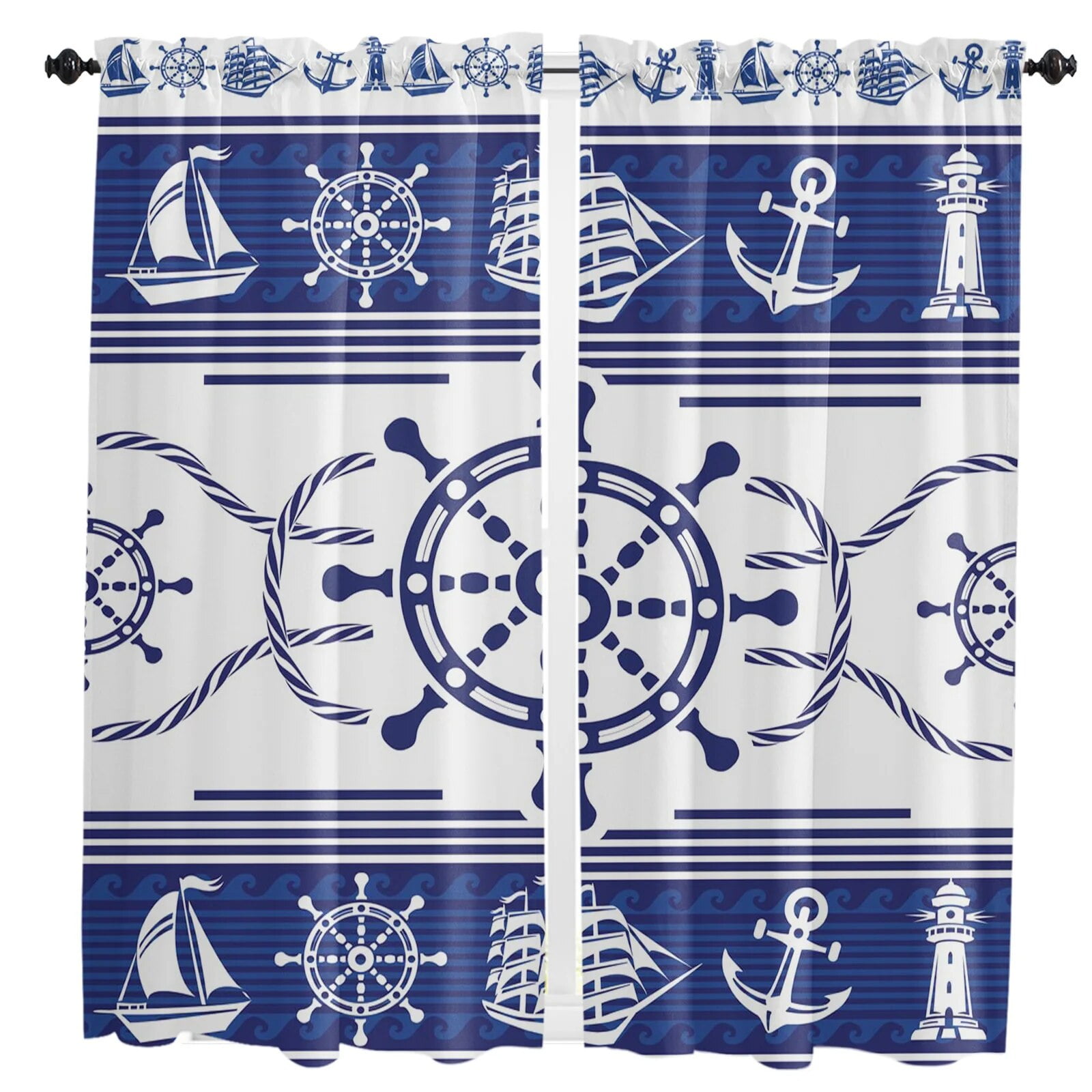 Rudder Anchor Blue Stripes Curtain For Living Room Kids Bedroom Kitchen ...