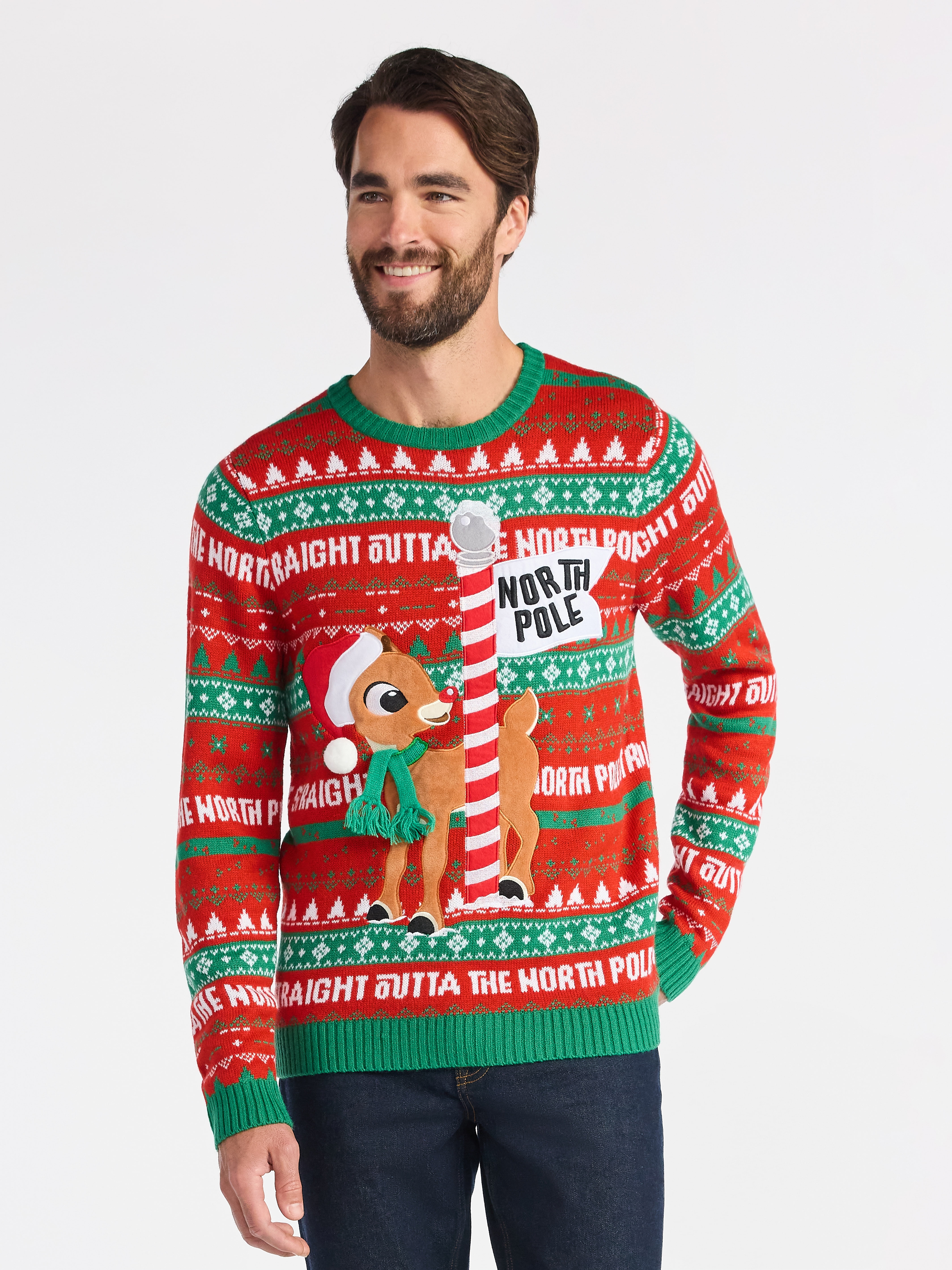 Rudolph The Red-Nosed Reindeer Men's North Pole Christmas Sweater ...
