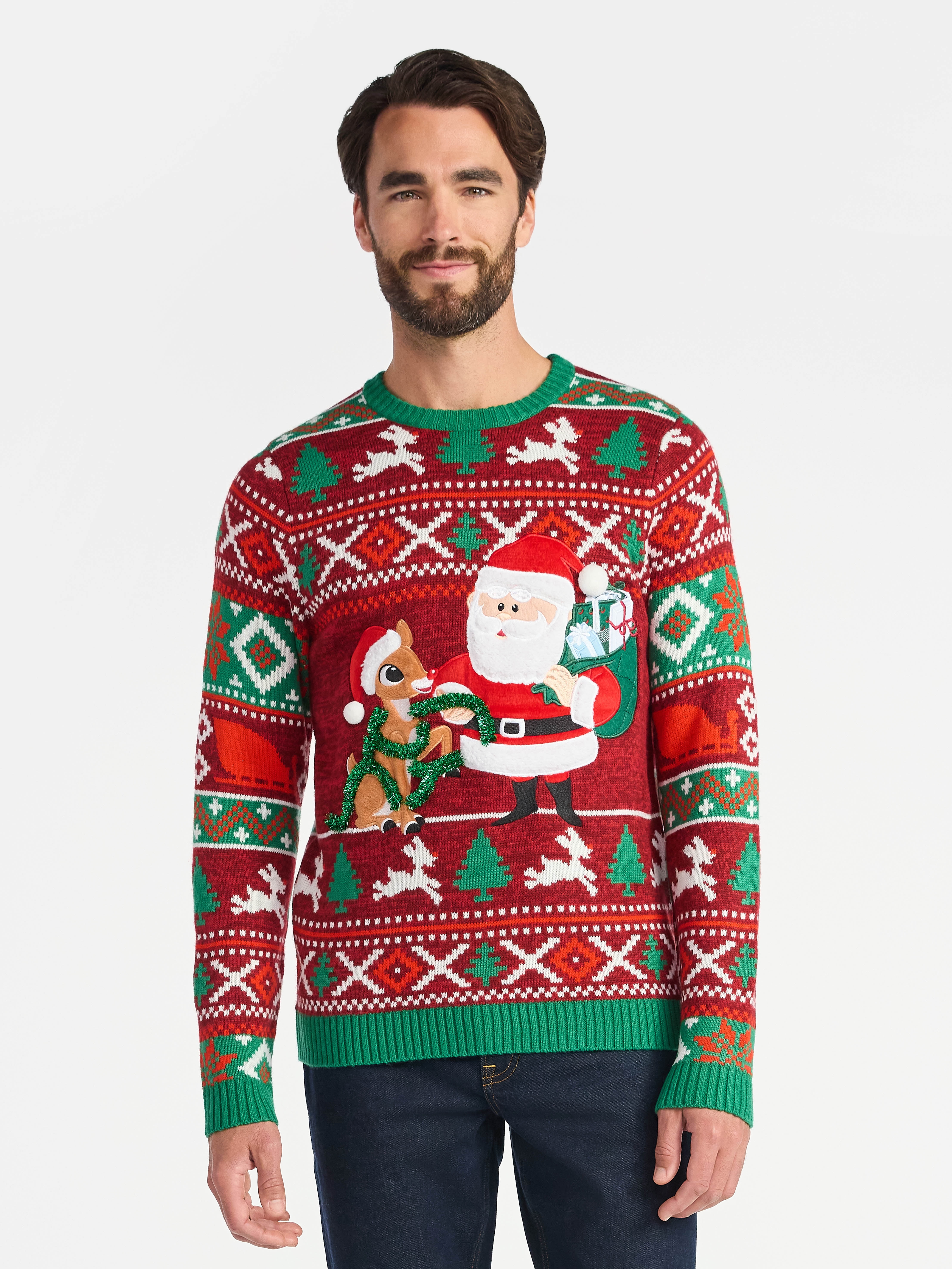 Rudolph The Red-Nosed Reindeer Men's Santa Christmas Sweater, Midweight ...
