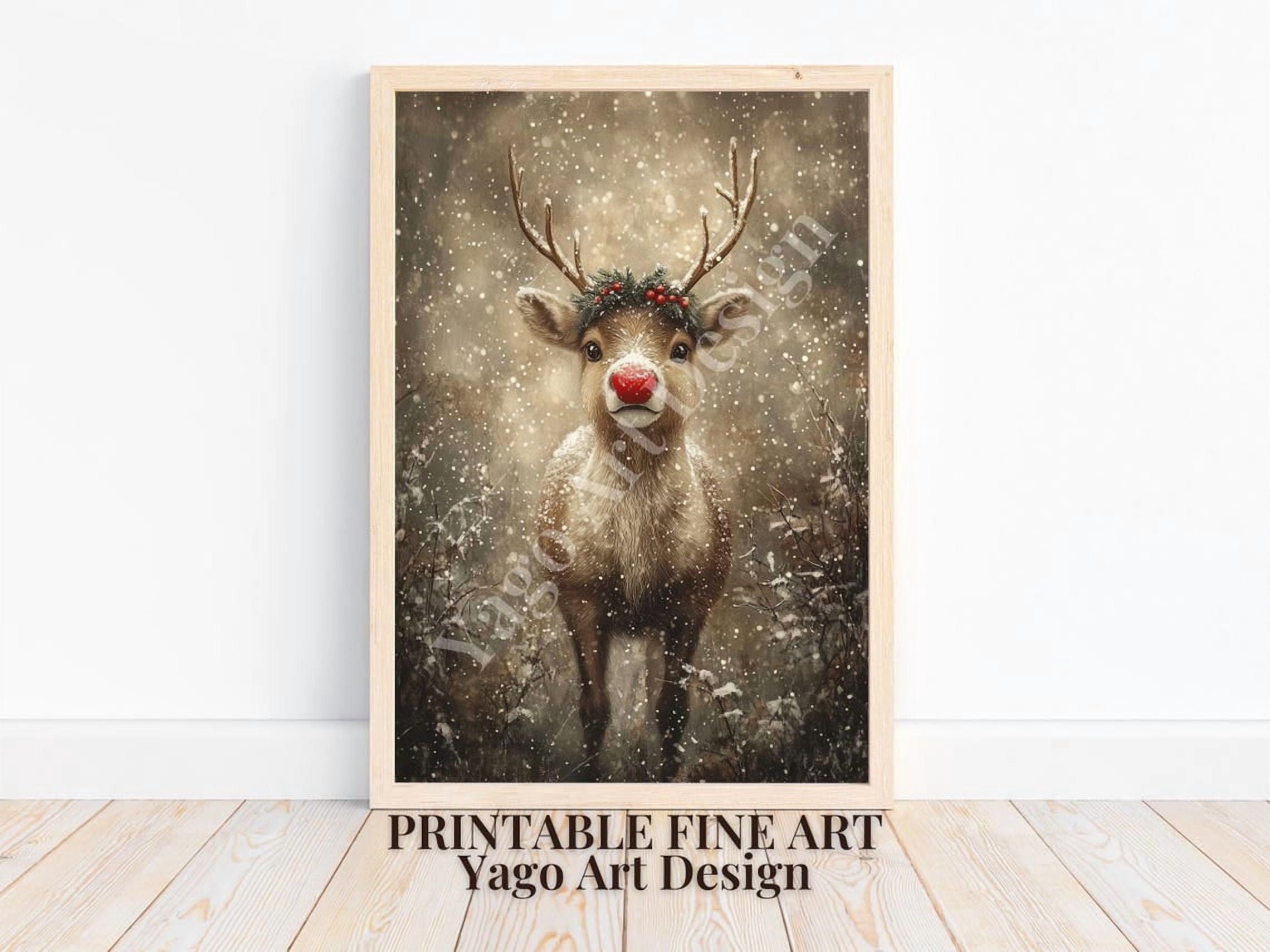 Rudolph Portrait Art Print, Rustic Winter Holiday Reindeer Decor Home ...