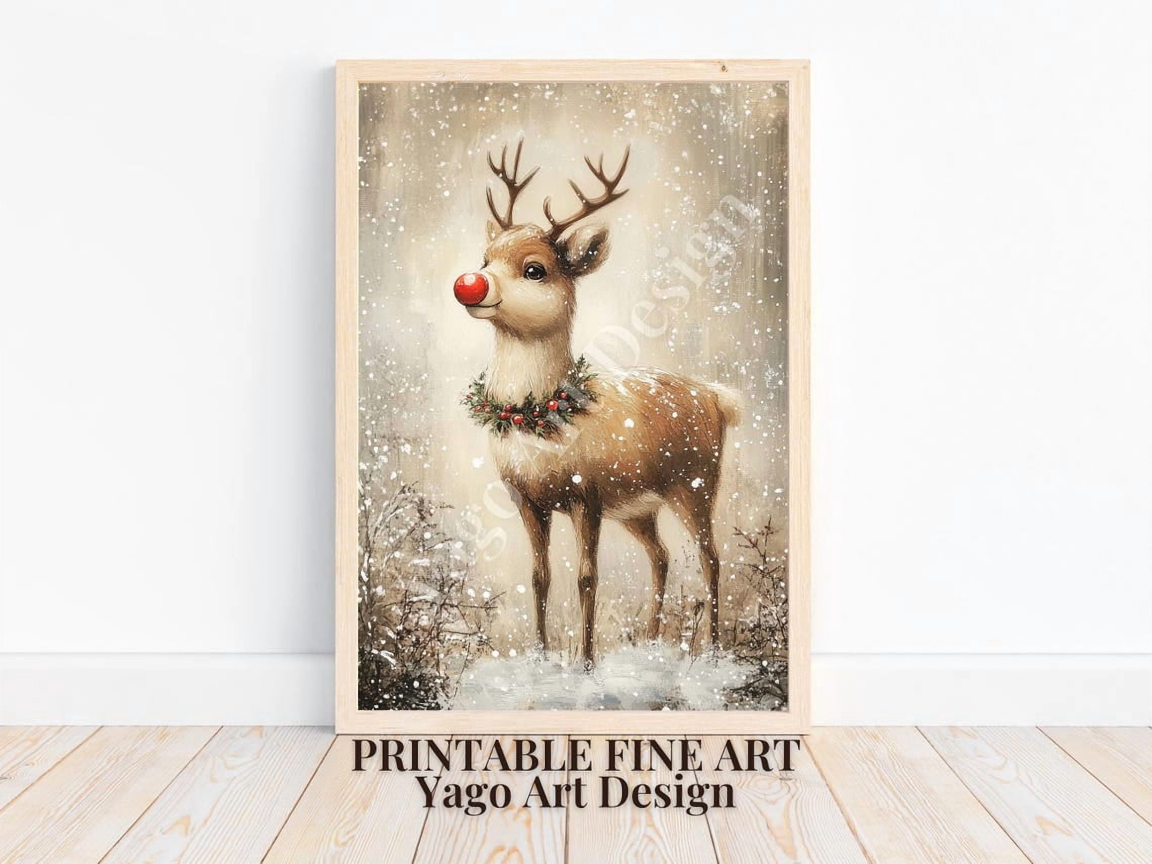 Rudolph Portrait Art Print, Rustic Winter Reindeer UNFRAMED Poster ...