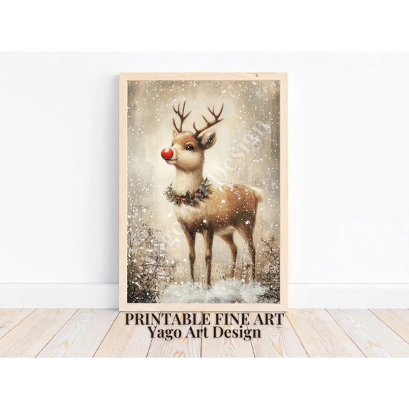 Rudolph Portrait Art Print, Rustic Winter Reindeer UNFRAMED Poster ...