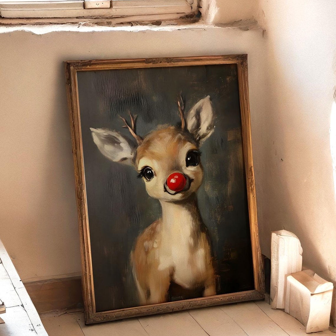 Rudolph Reindeer Poster, Whimsical Winter Wall Art Print Warm Present ...
