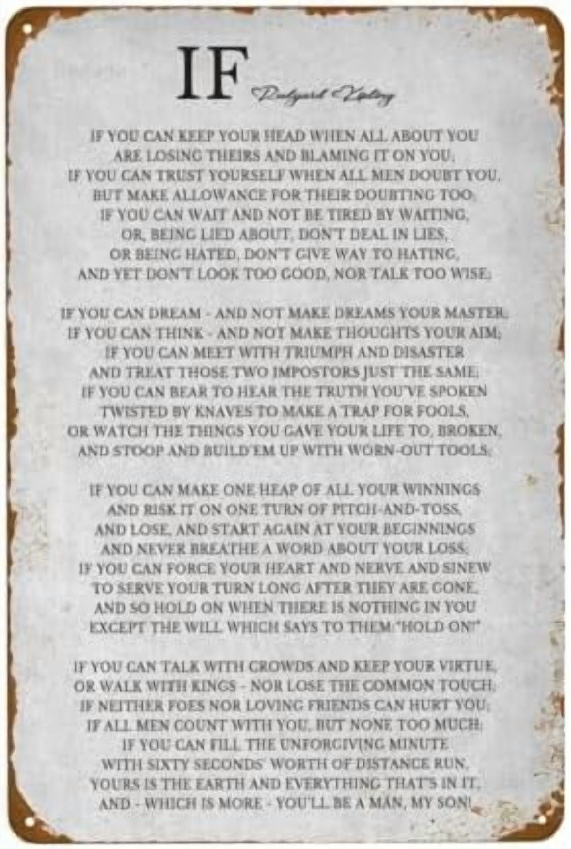 If by Rudyard Kipling Inspirational Motivational Quotes Vintage Metal ...