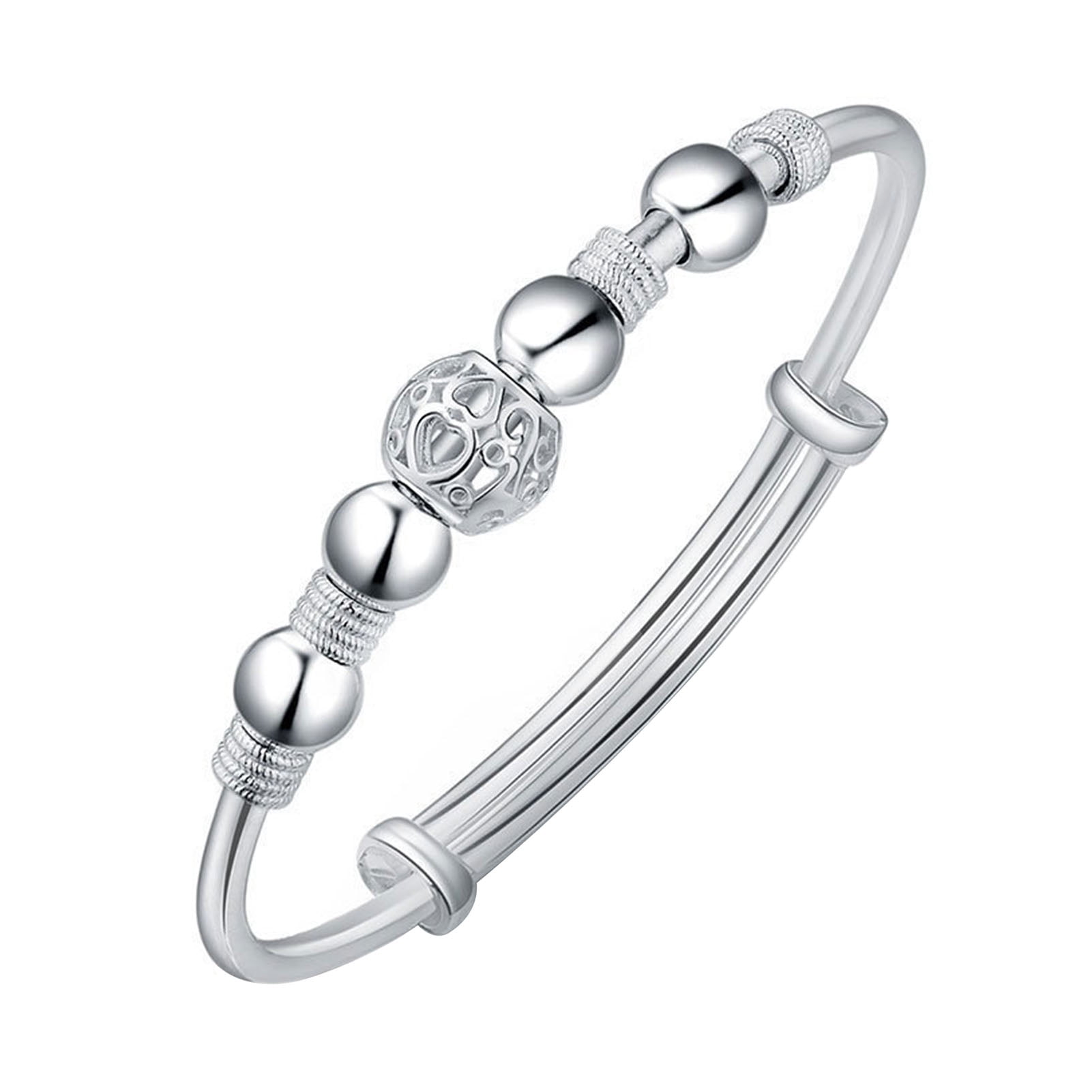 Ruestay Lady Adjustable Bangle Metal Beaded Heart Cut-out Silver Plated ...