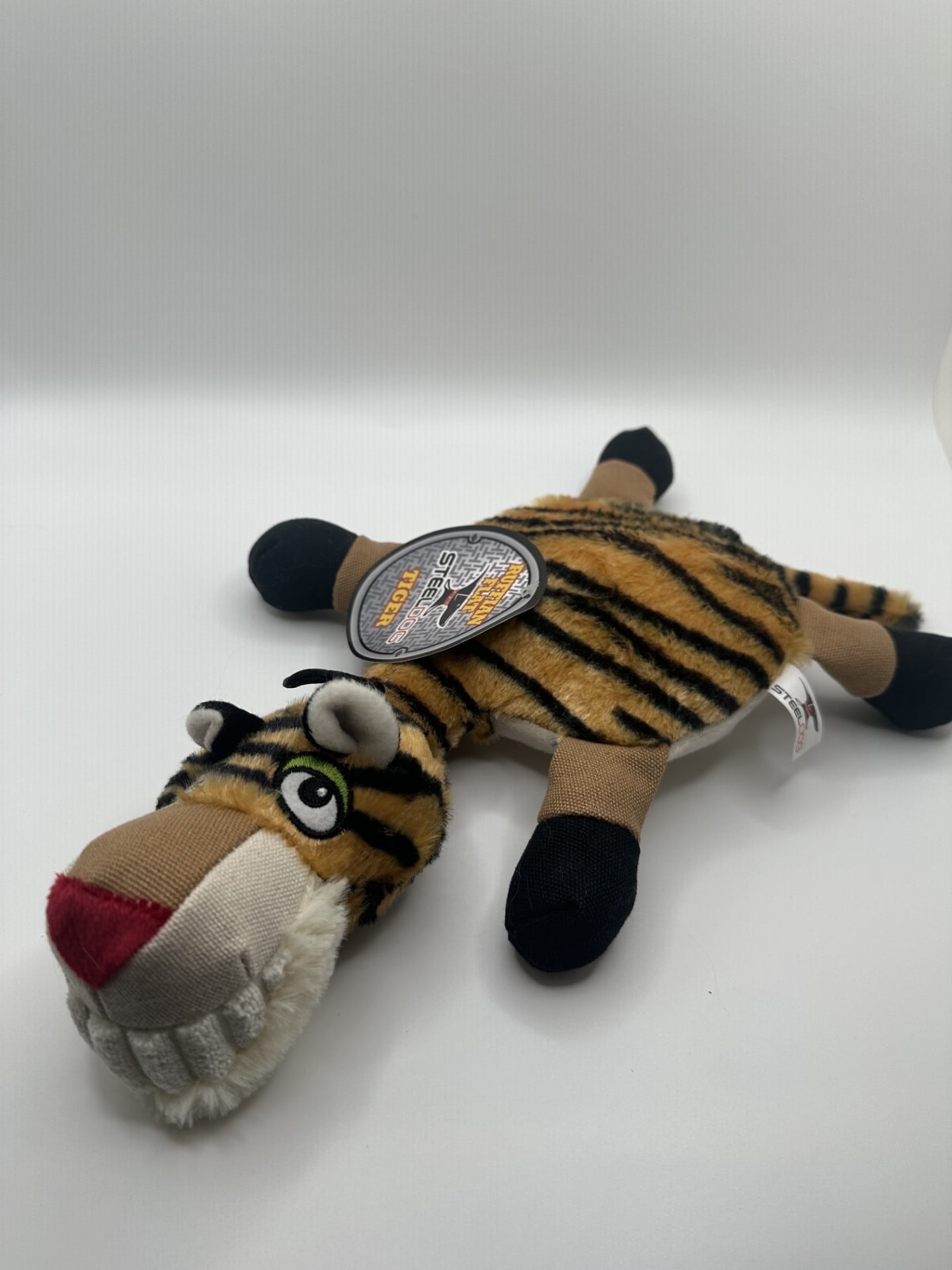 SteelDog Ruffian Flat Tiger Plush Dog Toy, Crinkles, Tennis Ball Inside ...