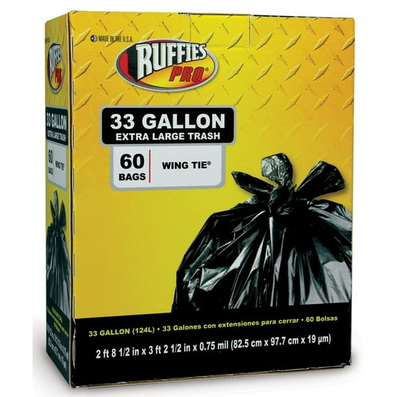 Ruffies Pro Extra Large Wing Tie Black Trash Bags, 33 Gallon, 60 Count ...