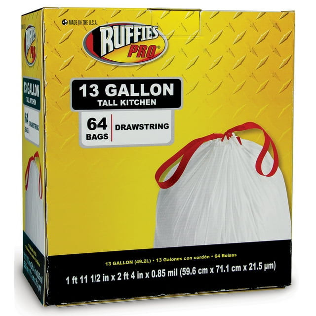 Ruffies Pro Tall Kitchen Drawstring Trash Bags, 13 Gallon, 64 Count ...