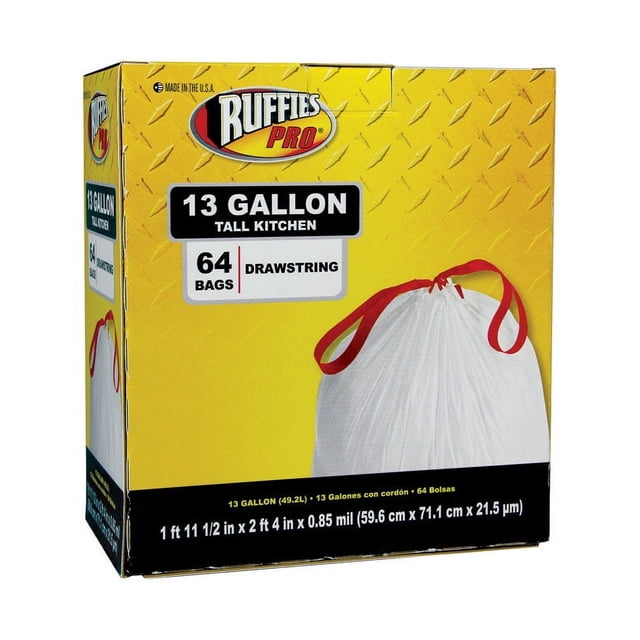 Ruffies Pro Tall Kitchen Drawstring Trash Bags, 13 Gallon, 64 Count ...