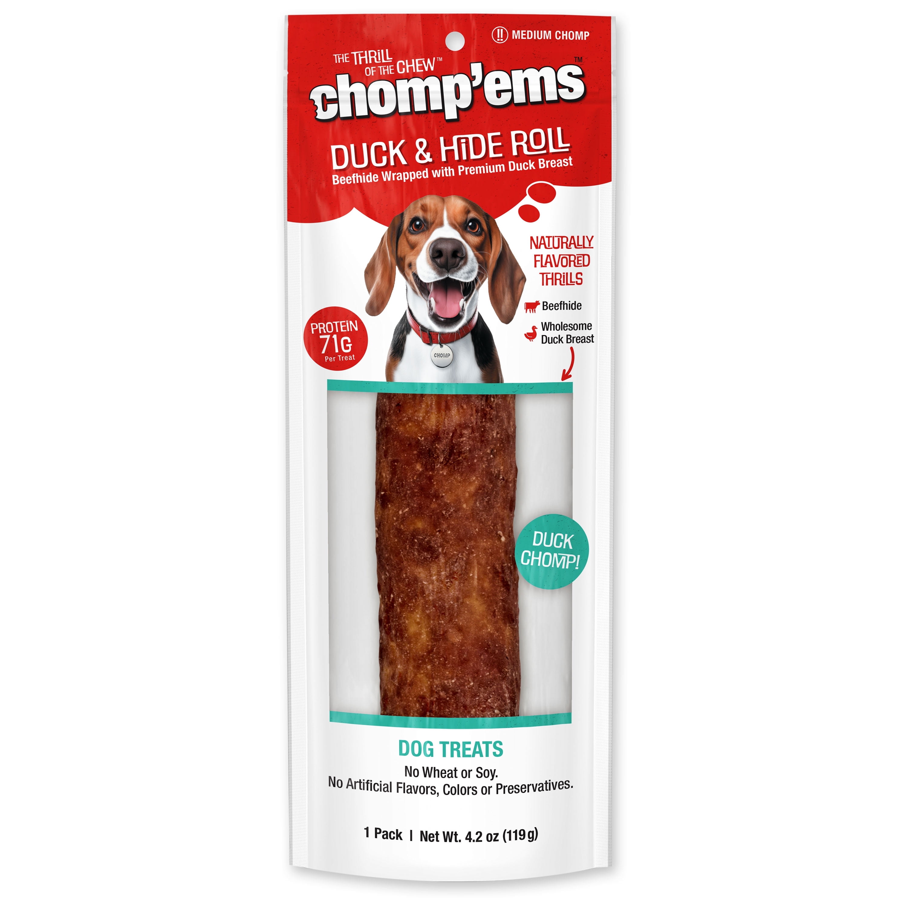 "Ruffin' It Chomp'ems 10"" Beefhide Stick W/Duck - Chewy Rawhide Dog Treats, Grain-Free ...
