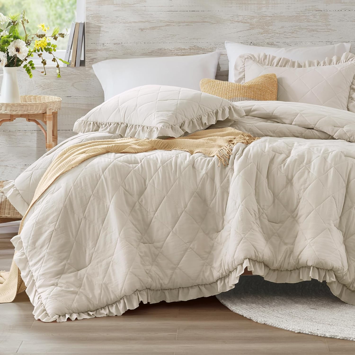Ruffle Bedding Set, Shabby Chic Farmhouse Queen Size Comforter Beige ...