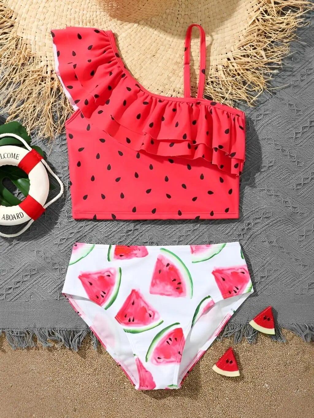 Ruffle Bikinis 2024 Girls Swimsuit One Shoulder Kids Swimwear Female ...