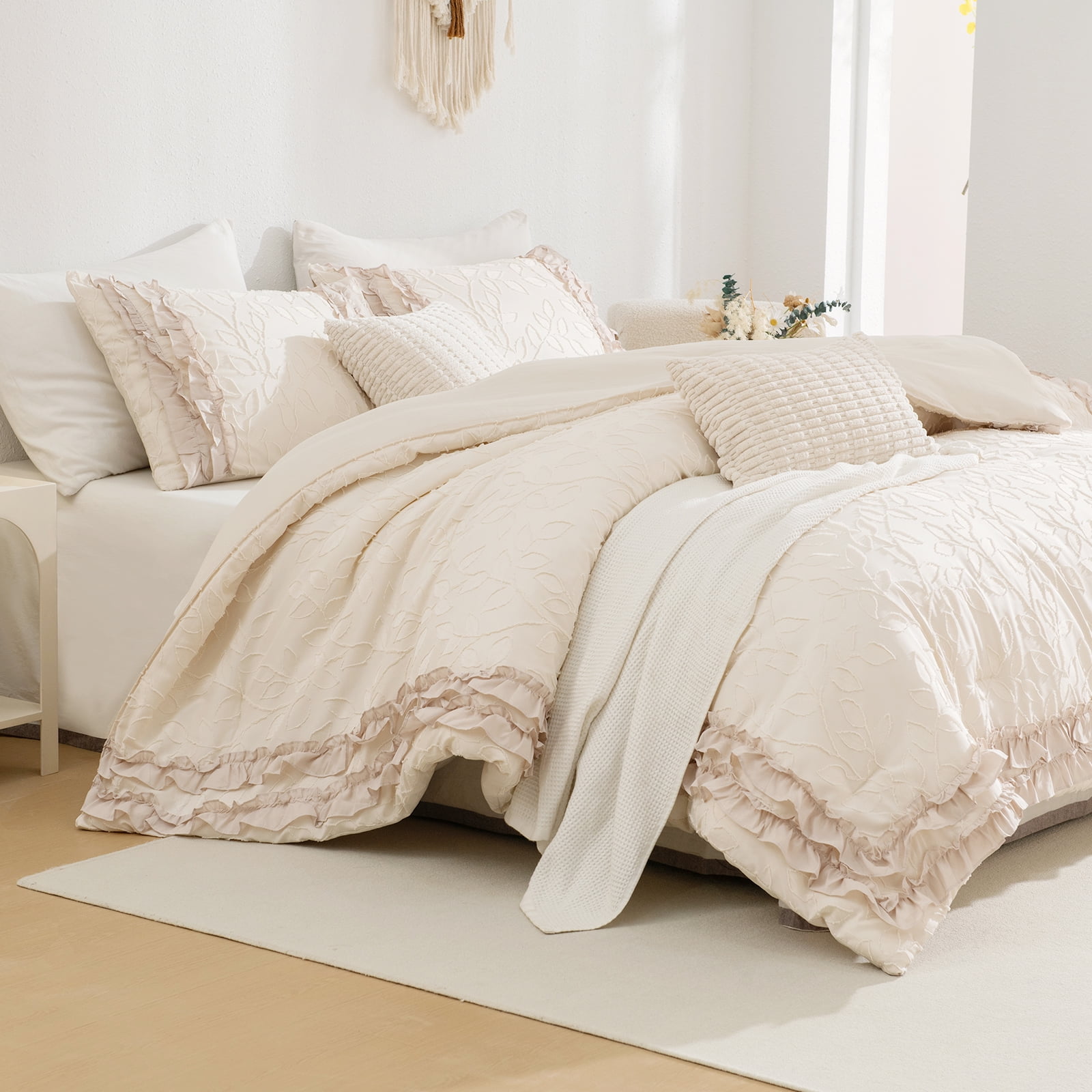 Ruffle Comforter Set Boho Tufted Bedding Set Leaf Botanical Tufted ...