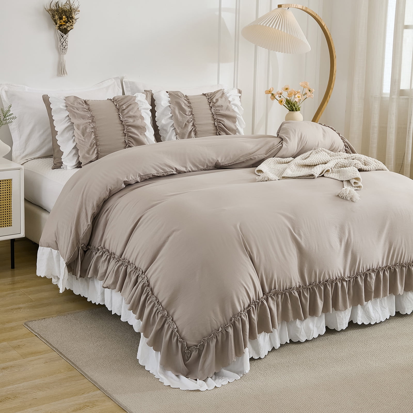 Ruffle Comforter Set Queen Size,Shabby Chic Boho Bedding Sets, Soft ...