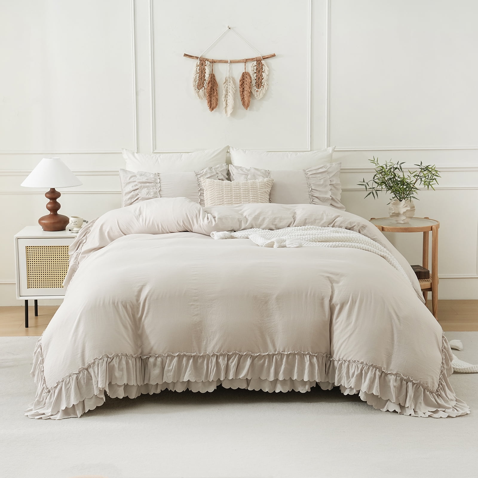 Ruffle Comforter Set Queen Size,Shabby Chic Boho Bedding Sets, Soft ...