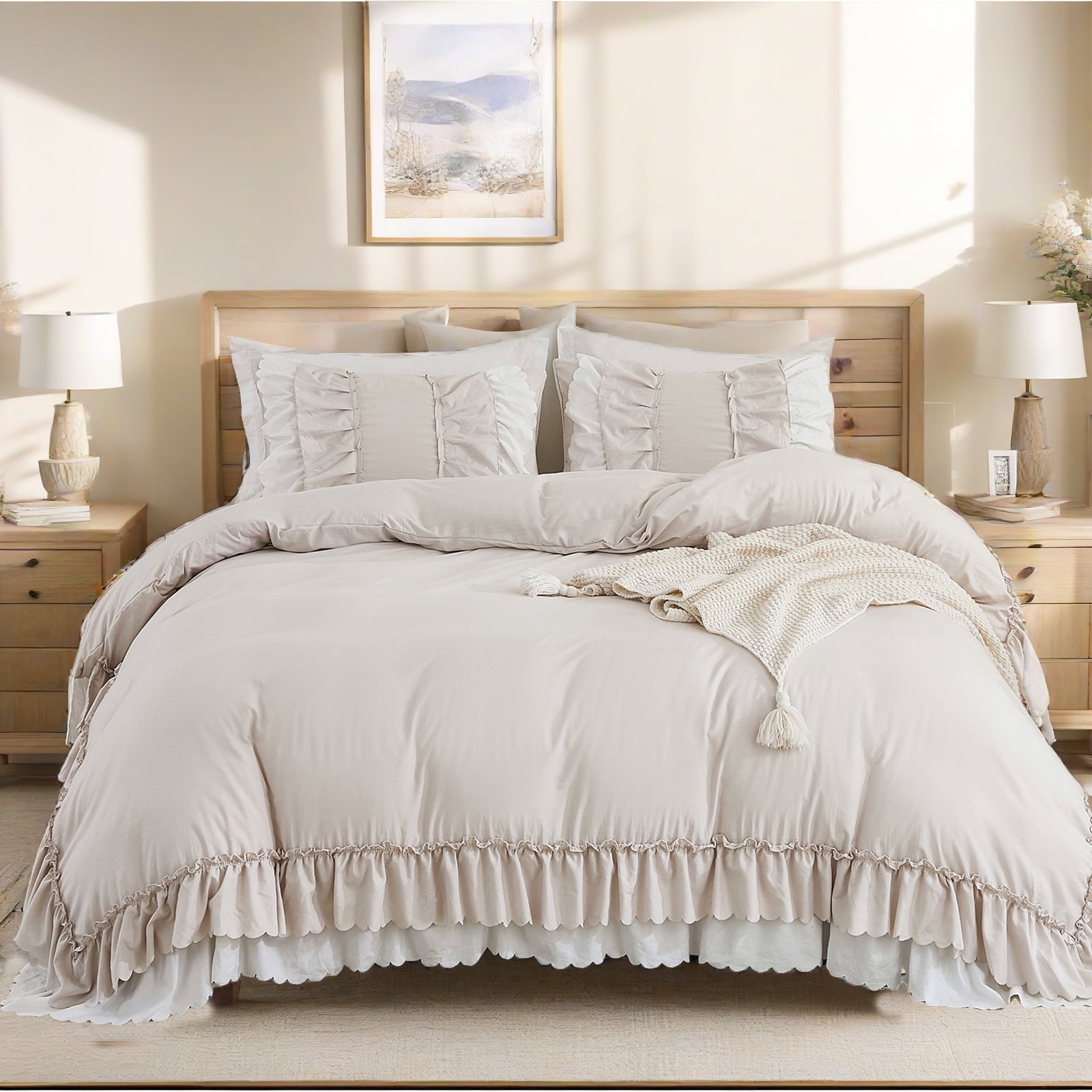 Ruffle Comforter Set Queen Size,Shabby Chic Boho Bedding Sets, Soft ...