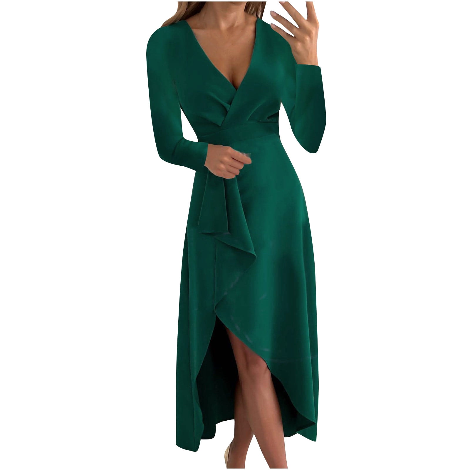 Ruffle High Low Dresses For Women Formal Party Dress Long Sleeve Wrap V Neck Solid Elegant