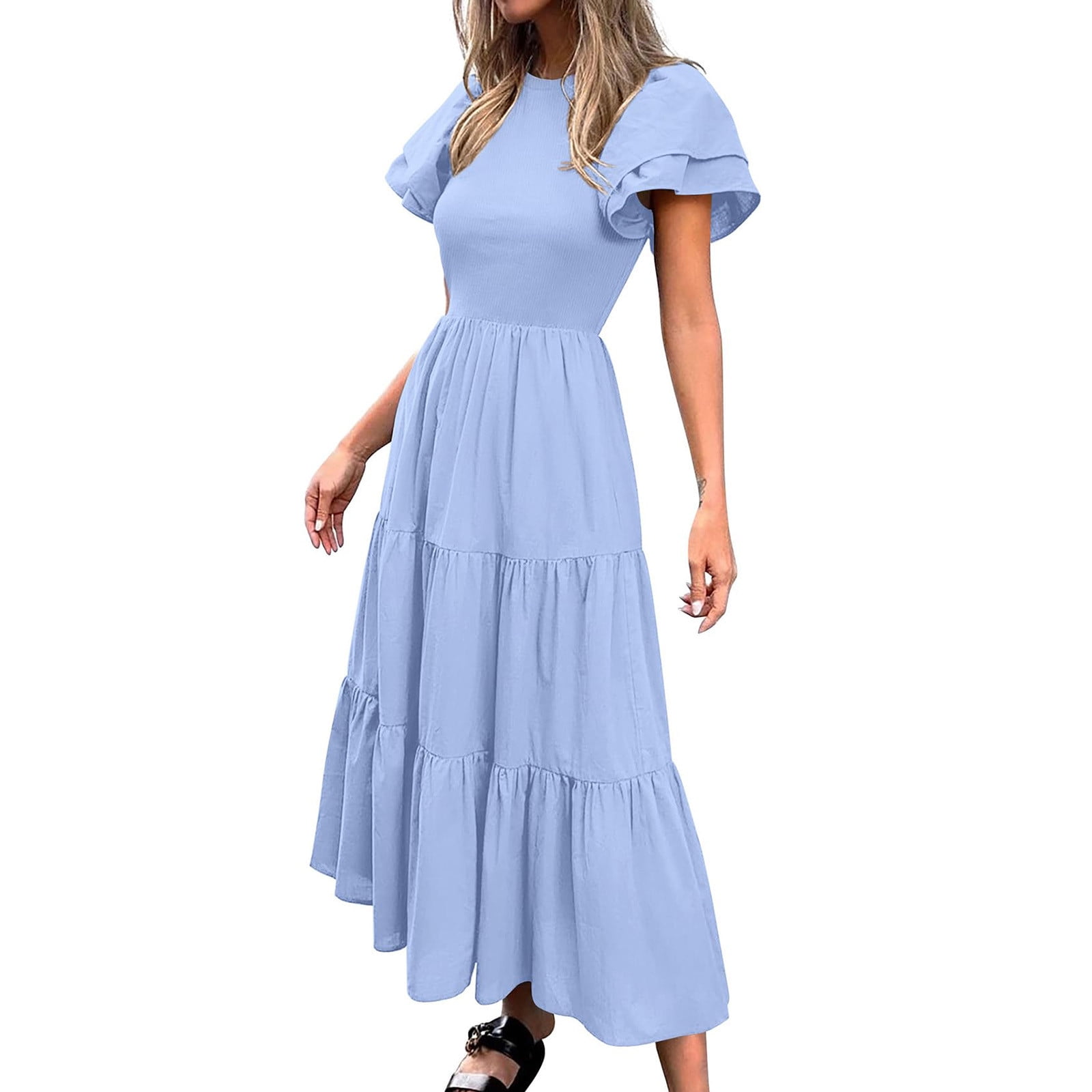 Ruffle Maxi Dress for Women Layered Puff Short Sleeve Dresses Summer ...