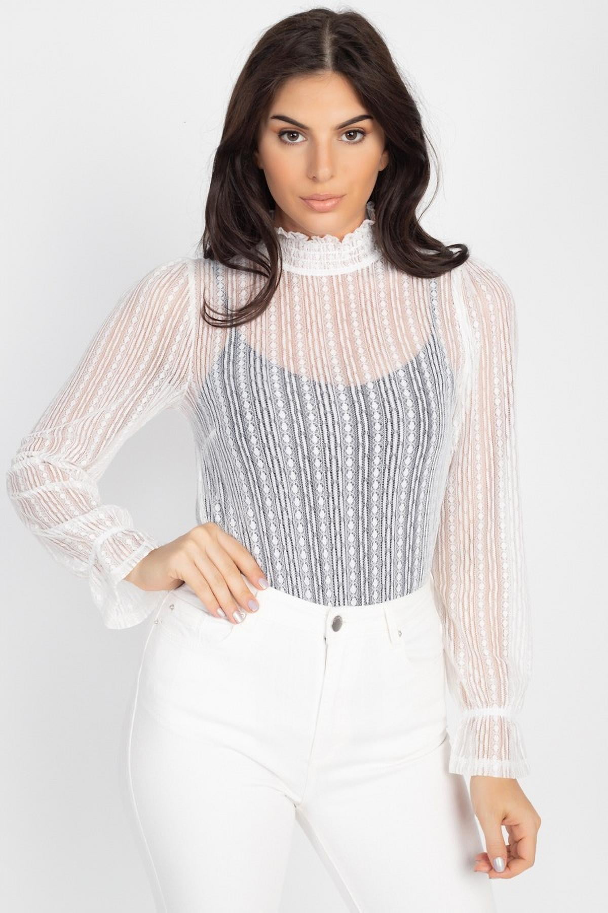 Ruffle Mock Neck Lace Top - Walmart.com