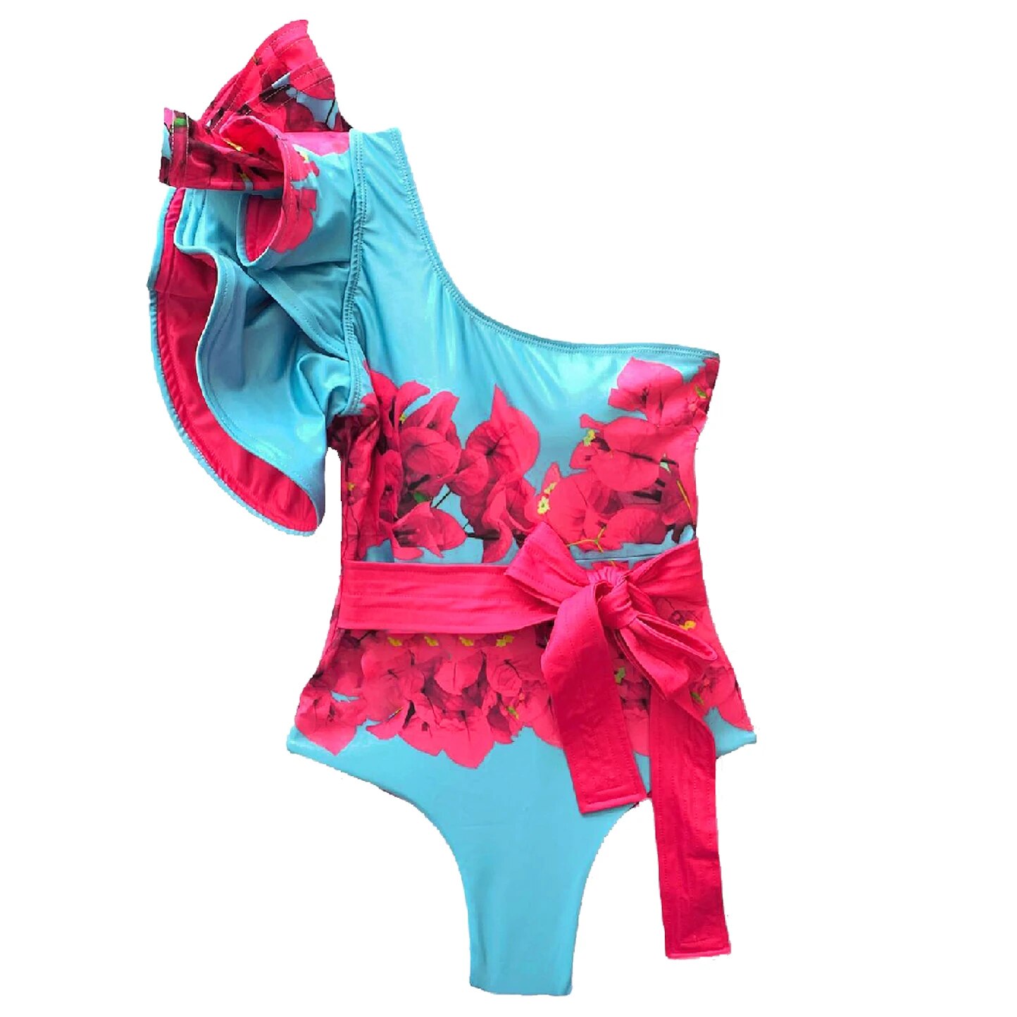 Ruffle One Piece Swimsuit Women Swimwear with Belt Push Up Monokini ...