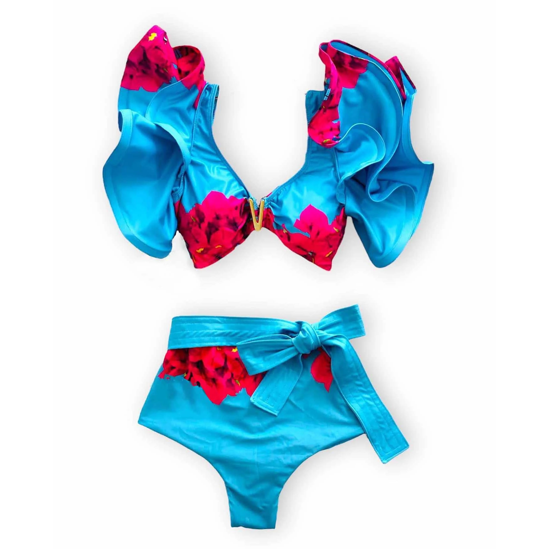 Ruffle One Piece Swimsuit Women Swimwear with Belt Push Up Monokini ...